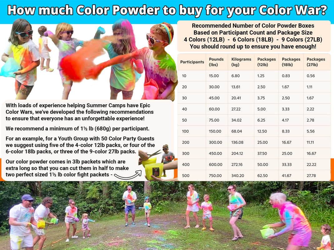 Holi Color Powder, 6 Color Pack! 18lbs for Color Runs & Color Wars ...